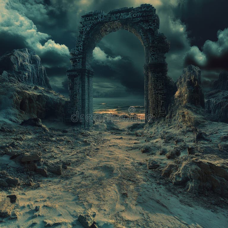 An Apocalyptic Sunset Forms the Backdrop for a Gateway of Coastal Ruins ...
