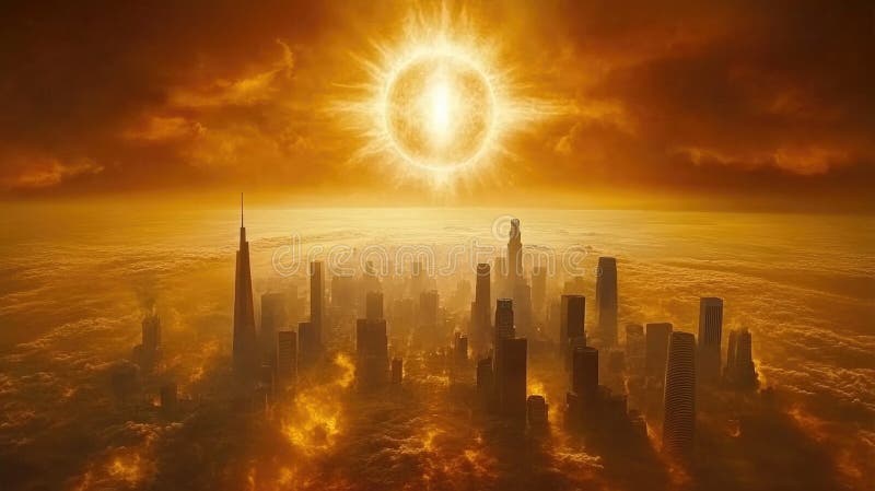 Apocalyptic Sunset Over Cityscape with Dramatic Skyscrapers and Sun ...