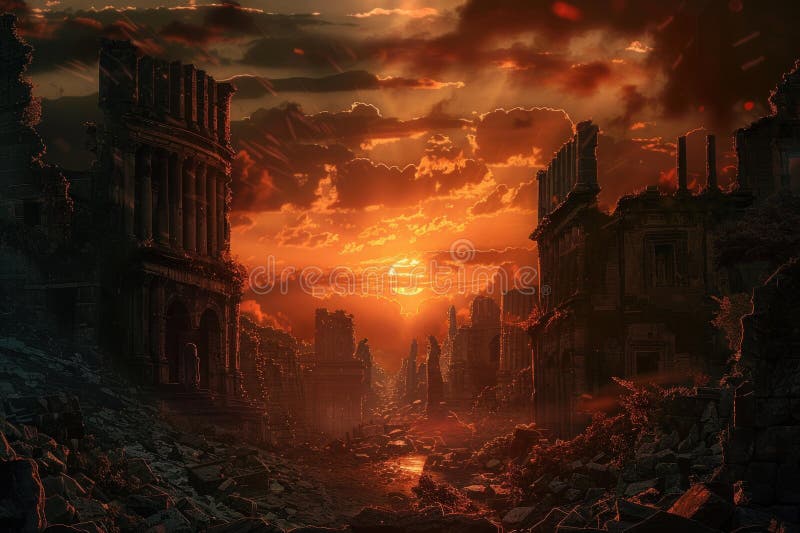 Apocalyptic Sunset Over Ruined Cityscape Stock Photo - Image of world ...