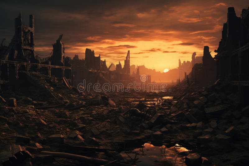 Apocalyptic Sunset Over Ruined Cityscape Stock Illustration ...
