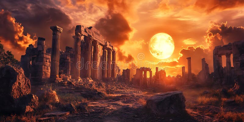 Apocalyptic Sunset Ruins and Dramatic Sky Artwork Stock Illustration ...