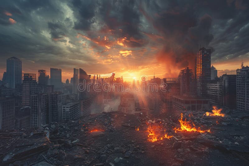 Apocalyptic Urban Landscape with Sunlight Contrast and Smoke Rise Stock ...