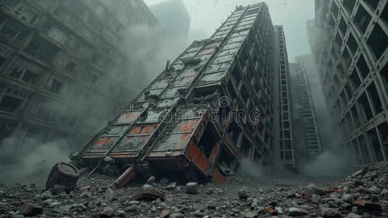 Apocalyptic Urban Ruins with Collapsed Buildings and Dusty Atmosphere ...