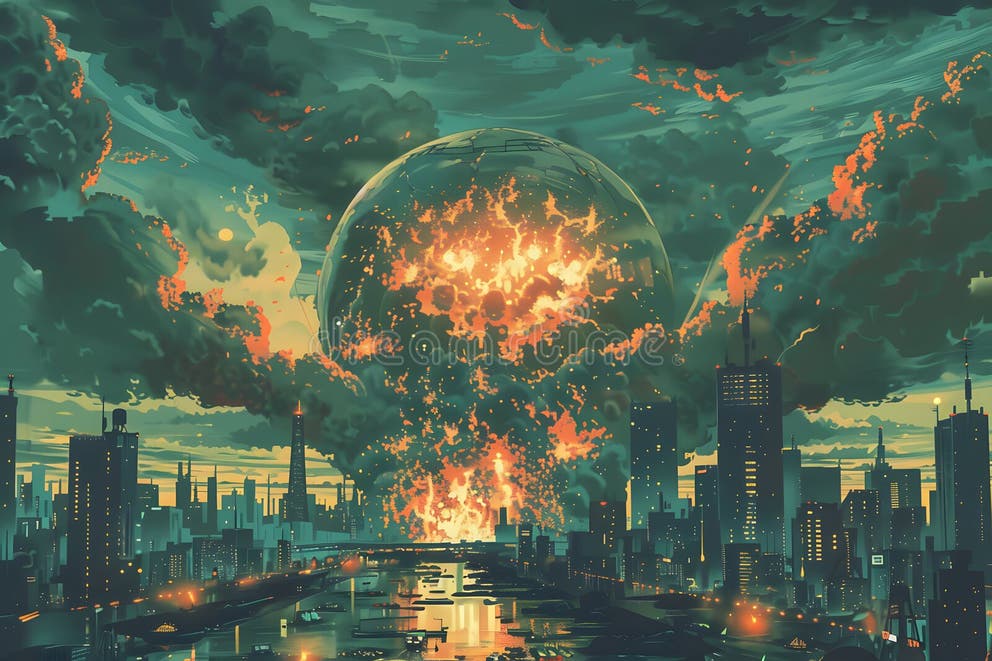 Apocalyptic Vision of a City with Exploding Sphere Illustration Stock ...