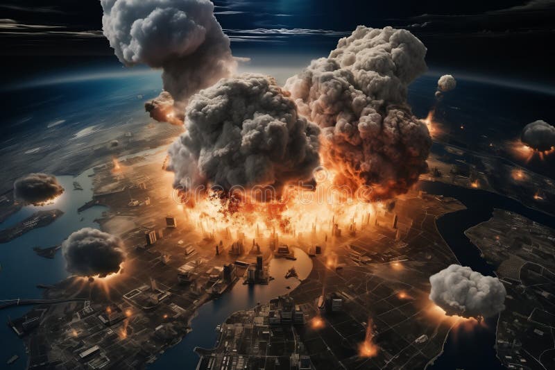 City Skyline with Massive Explosion and Smoke Clouds Stock Image ...