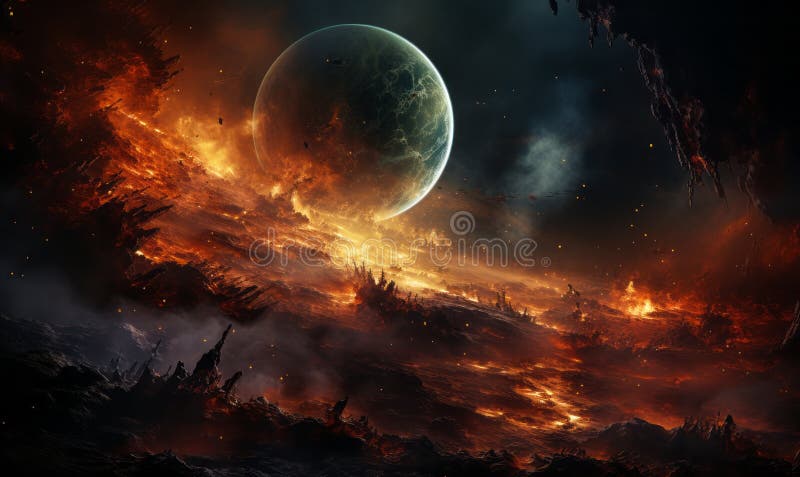 Apocalyptic Vision of Earth with Explosive Impact Causing Fiery ...