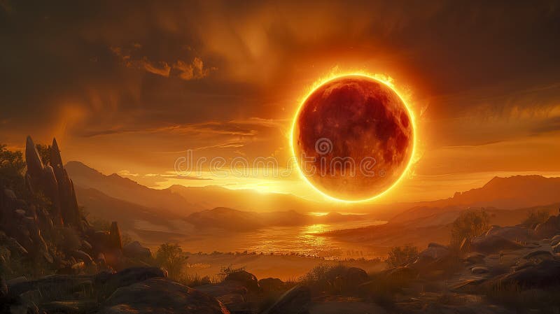 Apocalyptic Vision of a Giant Red Sun Setting Behind a Silhouetted ...