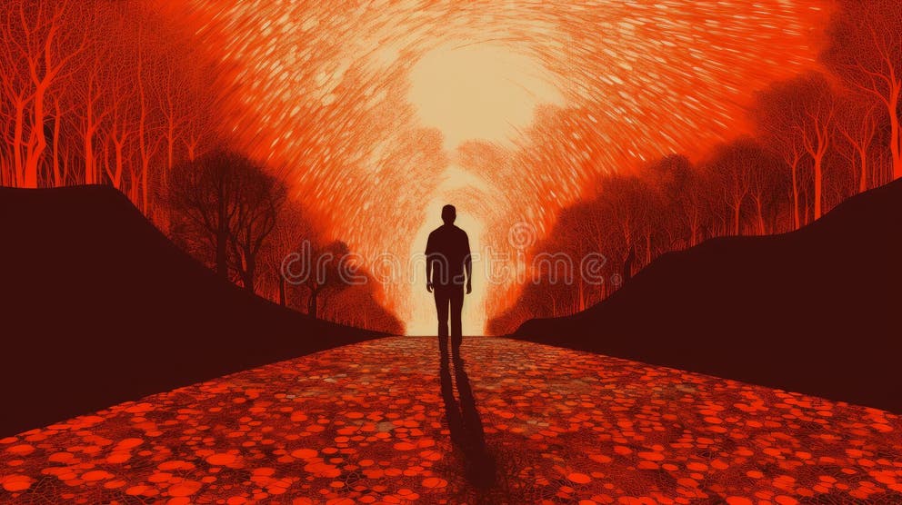 Apocalyptic Vision: Man Standing in the Path of Red Stock Illustration ...