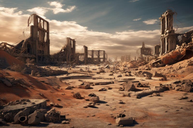 Apocalyptic Wasteland Scene with Ruined Structures Stock Illustration ...