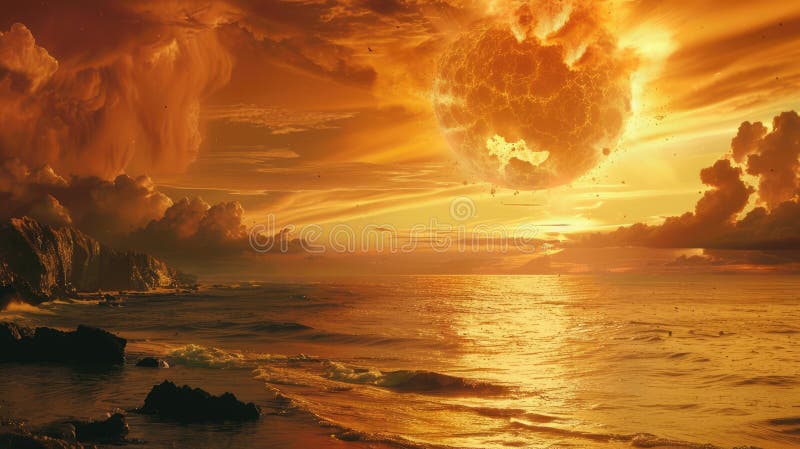Apocalyptical Image of the Moon Exploding. Fiery Orange Sky during ...