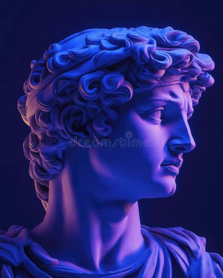 Apollo Statue Head in Thoughtful Pose with Neon Lighting on Deep Violet ...