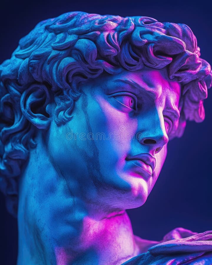 Apollo Statue Head in Thoughtful Pose with Neon Lighting on Deep Violet ...