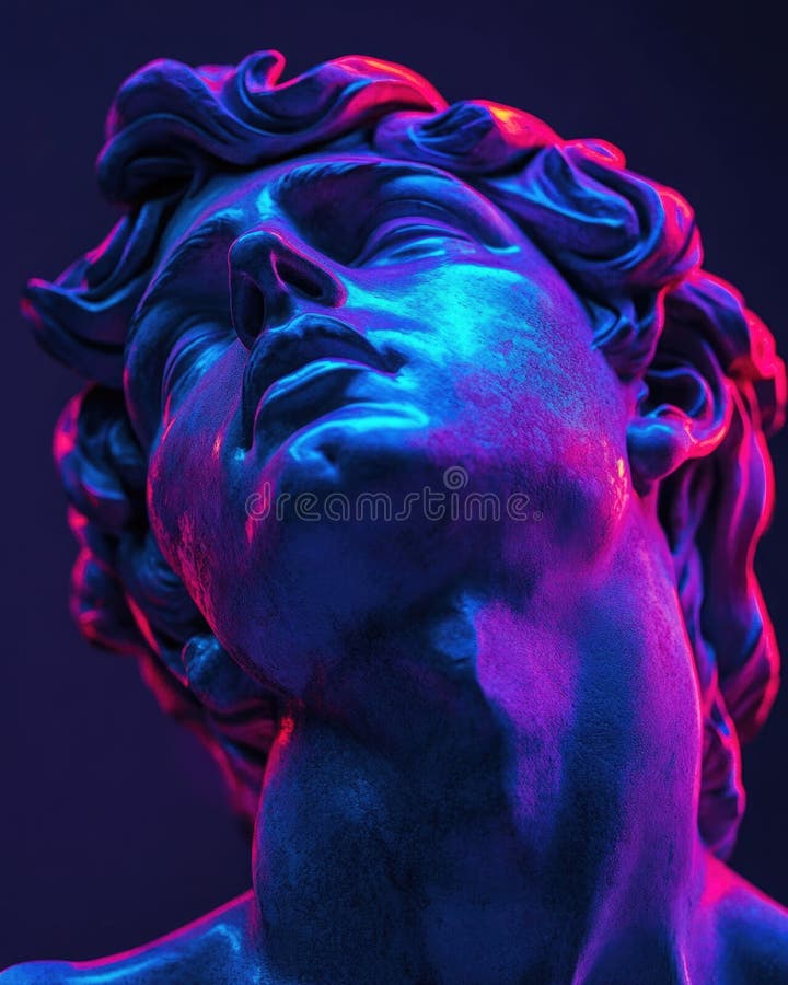 Apollo Statue Head in Thoughtful Pose with Neon Lighting on Deep Violet ...