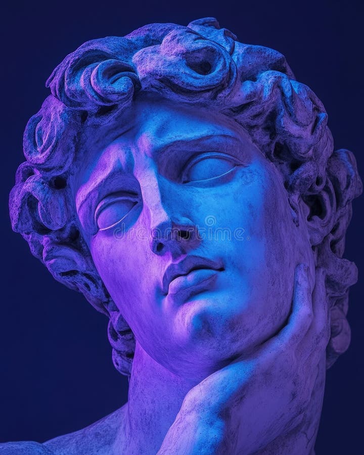 Apollo Statue Head in Thoughtful Pose with Neon Lighting on Deep Violet ...