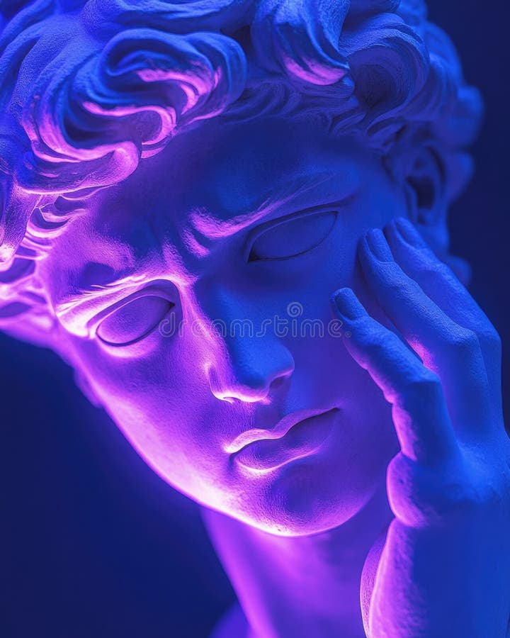 Apollo Statue Head in Thoughtful Pose with Neon Lighting on Deep Violet ...