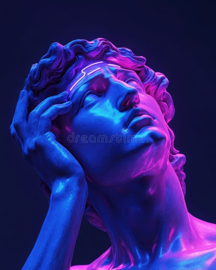 Apollo Statue Head in Thoughtful Pose with Neon Lighting on Deep Violet ...