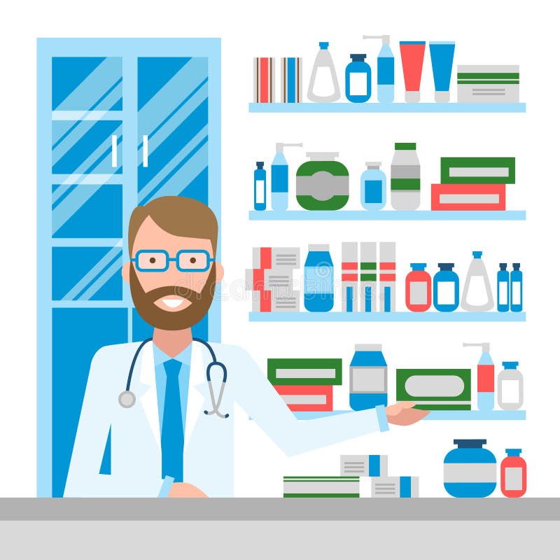 Apotekare i apotek vektor illustrationer. Illustration av gladlynt ...