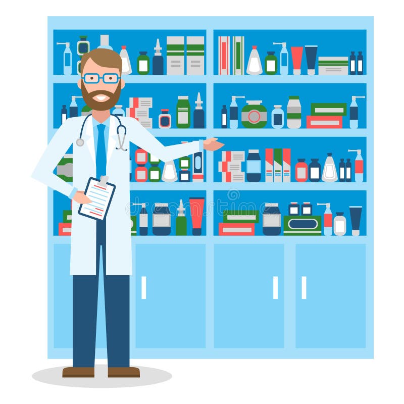 Apotheker in der Drogerie vektor abbildung. Illustration von karikatur ...