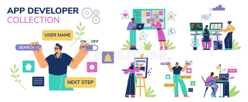 App Developer Collection, Set of Vector on White, Flat Cartoon Style ...