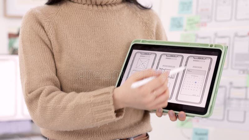 App, Developer and Woman with Hands on Tablet Design Screen for ...