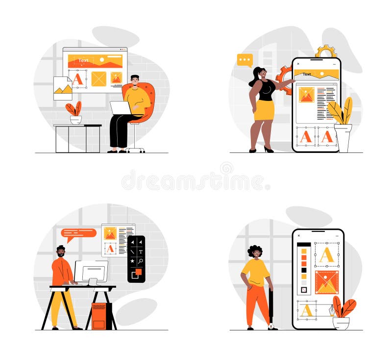 App Development Concept with Character Set. Collection of Scenes People Programming Mobile ...
