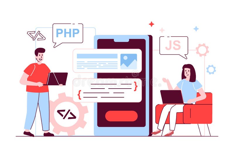 App Development Concept in Flat Line Design. Vector Illustration Stock ...