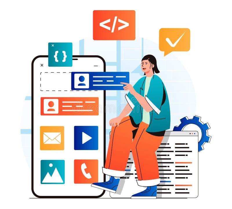 App Development Concept In Modern Flat Design Developer Places Buttons At Layout Of Application
