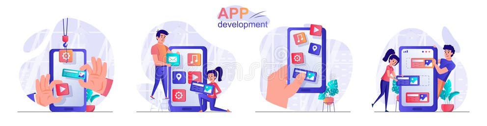 App Development Concept Scenes Set. Developers Create Mobile Application, Arrange Interface ...