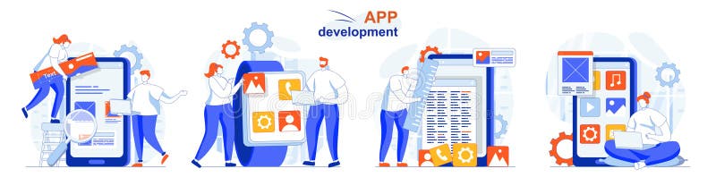 App Development Concept Set. Creation App Layout, Places of Interface Elements. People Isolated ...