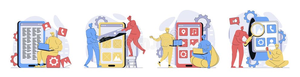 App Development Concept Set in Flat Design for Web. Collection with People Programming and ...
