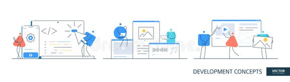 App Development Illustrations Set in Thin Line Style. Web Code Abstract Linear Vector Design ...