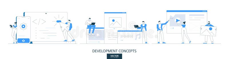 App Development Illustrations Set in Thin Line Style. Web Code Abstract Linear Vector Design ...