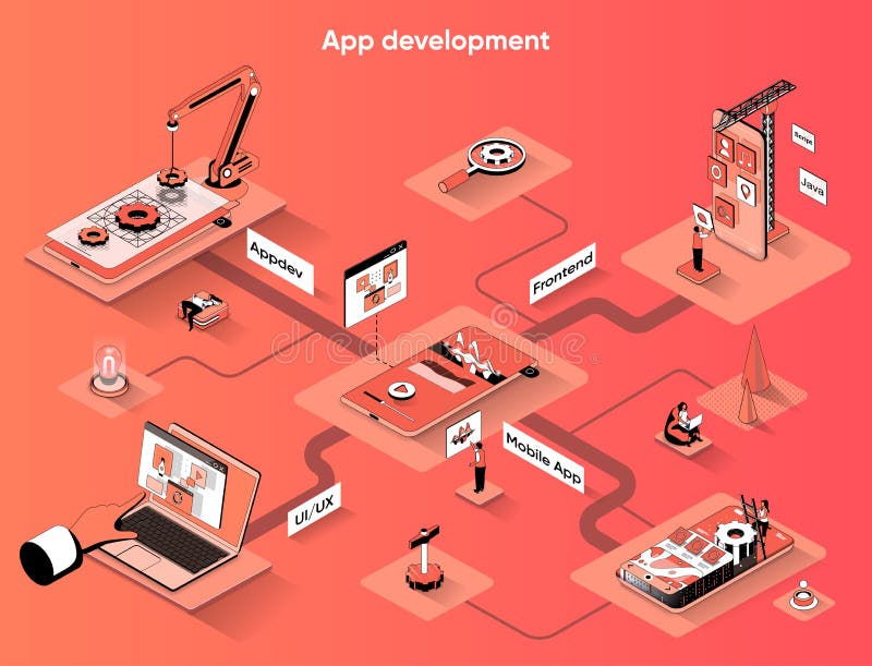App Development Isometric Web Banner Programming Smartphone Mobile Or Computer Application Flat