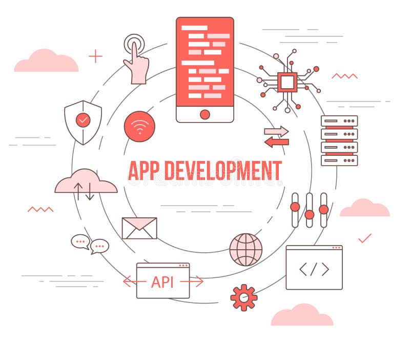 App Development Technology Concept with Icon Set Template Banner with ...