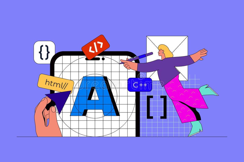 App Development Web Concept With Character Scene Woman Developer Programming Coding And