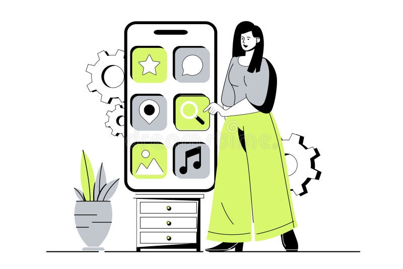 App Development Web Concept with Flat Cartoon People for Website Design. Woman Creating Mobile ...