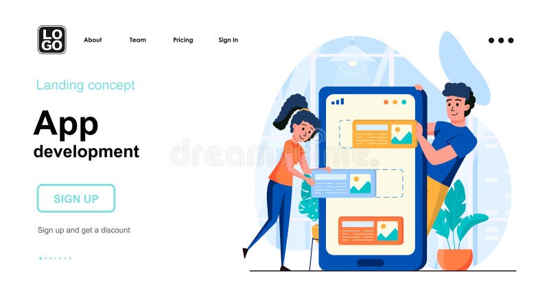 App Development Web Concept. Team Develop Layout of Smartphone Interface, Places Elements on ...