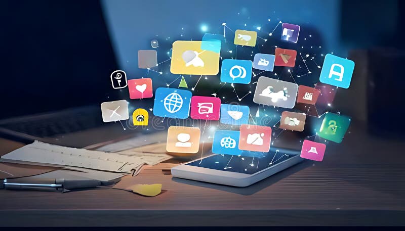 App Icons Float Above Smartphone on Desk with Pen, Laptop, and Mug ...