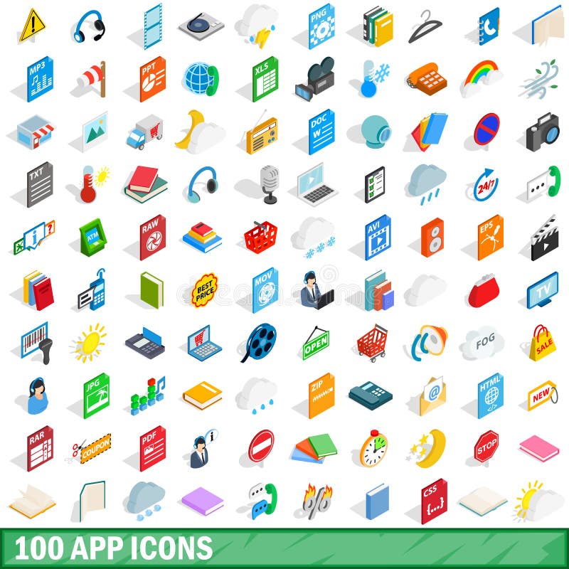 100 App Icons Set, Isometric 3d Style Stock Vector - Illustration of ...