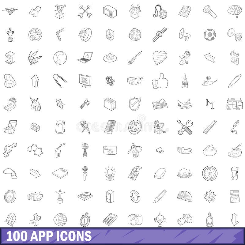 100 App Icons Set, Outline Style Stock Vector - Illustration of ...