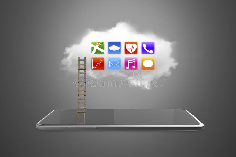 App Icons on White Cloud with Smart Tablet and Ladder Stock ...
