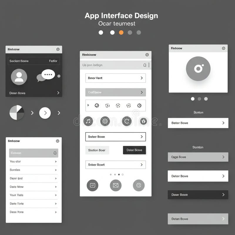 App Interface Design Showcases Various UI Elements on a Dark Gray Background. Stock Illustration ...