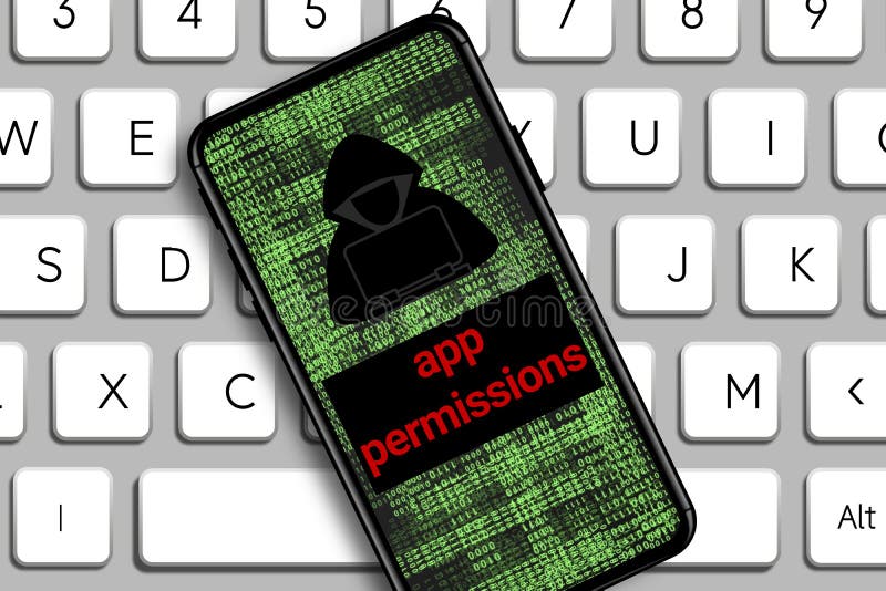 App Permission Word and Hacker Icon in Mobile Phone with Digital Code ...