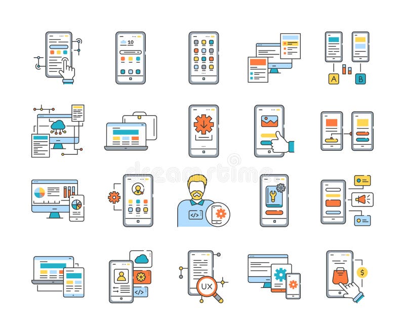 App Purchase Color Line Icons Set. Creation and Programming of ...