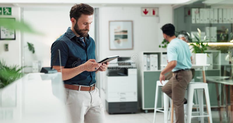 App, Research and Tablet with Designer Man Reading Creative Information ...