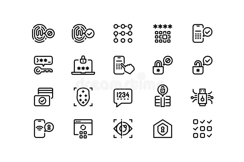 App Security Line Icons. Face Detection, Pin-code and Password, Eyeball ...
