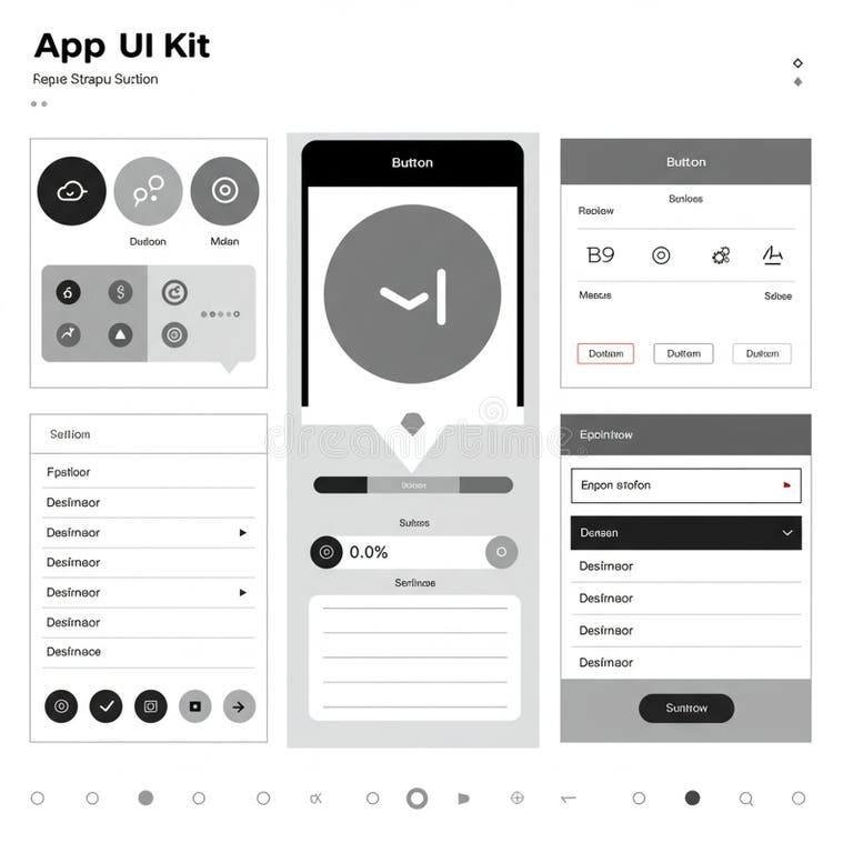 App UI Kit Showcasing a Minimalist Design with Grayscale Elements ...