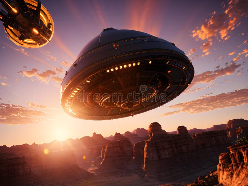 Ufo appears at sunset stock illustration. Illustration of backg - 282527078