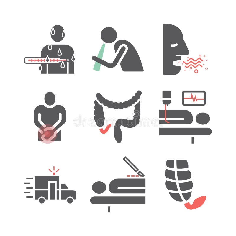 Appendicitis. Symptoms, Treatment. Line Icons Set. Vector Signs for Web ...