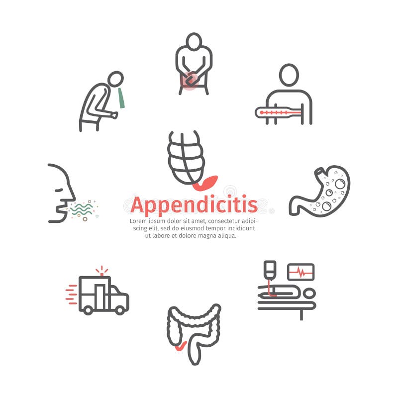 Appendicitis Symptoms Treatment Line Icons Set Stock Vector